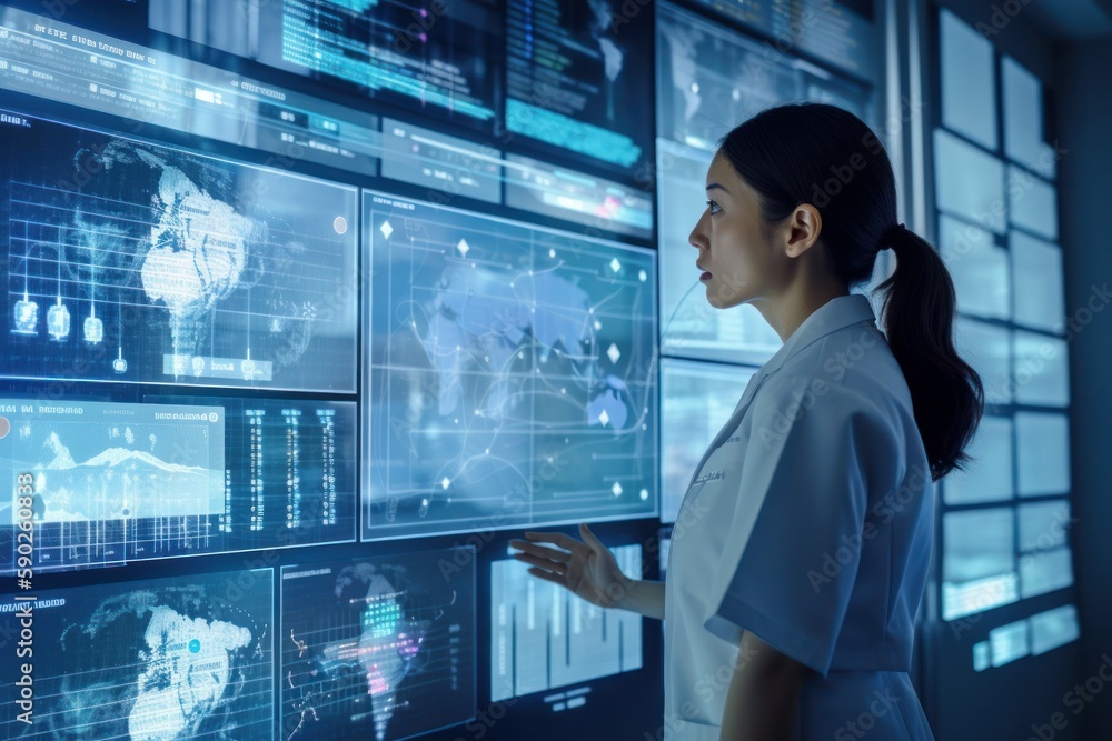 Woman doctor in a virtual analytical data center of futuristic medicine ...