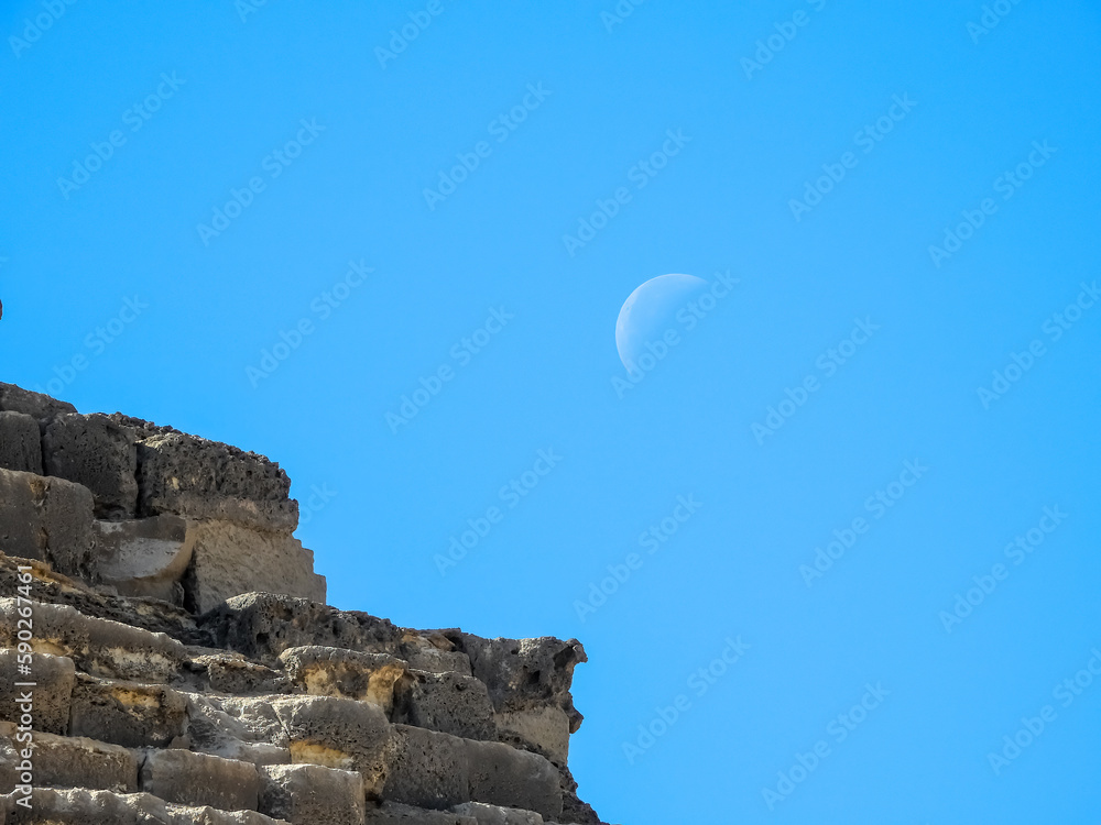 The moon above the Pyramid of cheops in detail. The Great Pyramid of ...