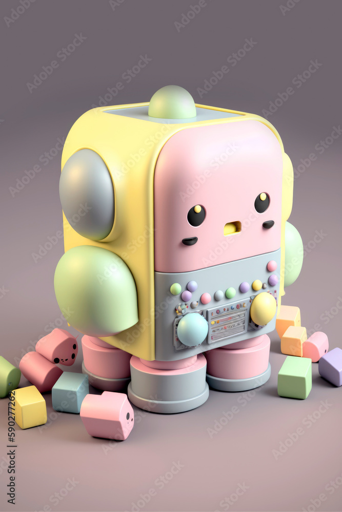 Cute small pastel robot cartoon retro style, spouting candy. On pink ...