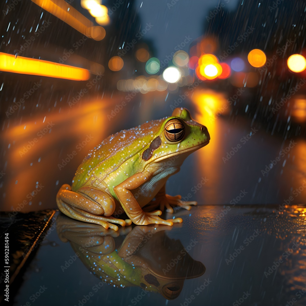 Macro lens frog luminous glowing night city street in the rain award ...