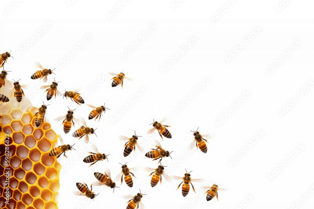 Beehive honeycomb border with honey bees, on a white background ...