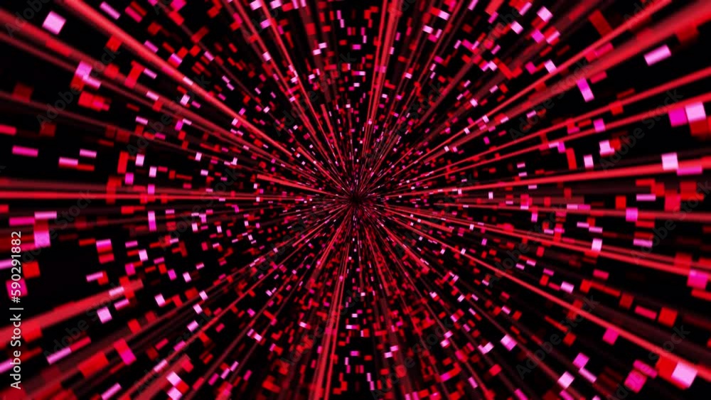 Shiny red lines and particles spread radially in outer space. High ...