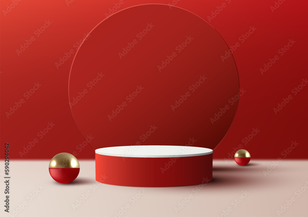 3D realistic modern luxury style empty red and white podium platform ...
