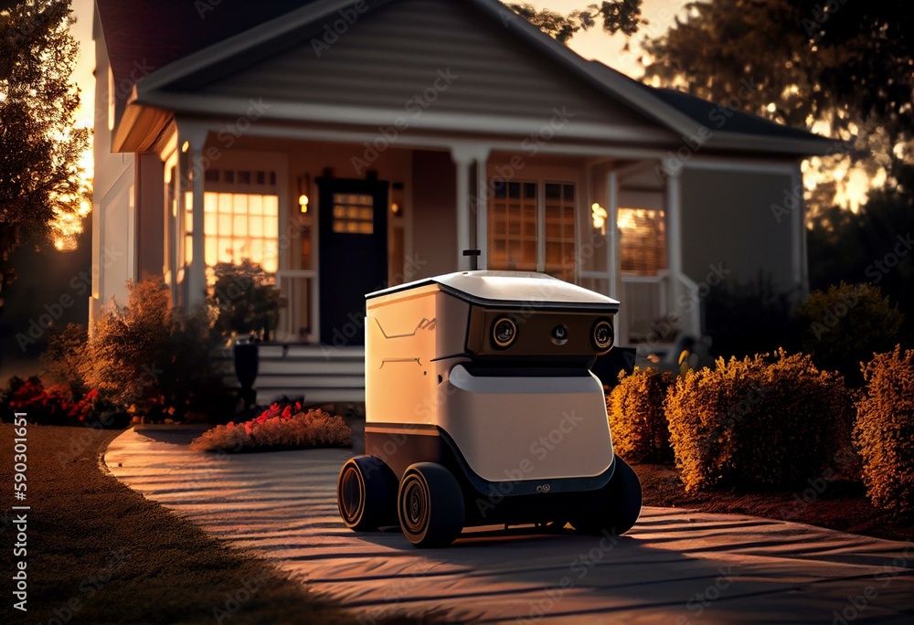 Autonomous delivery robot in front of a house. Generative AI Stock ...
