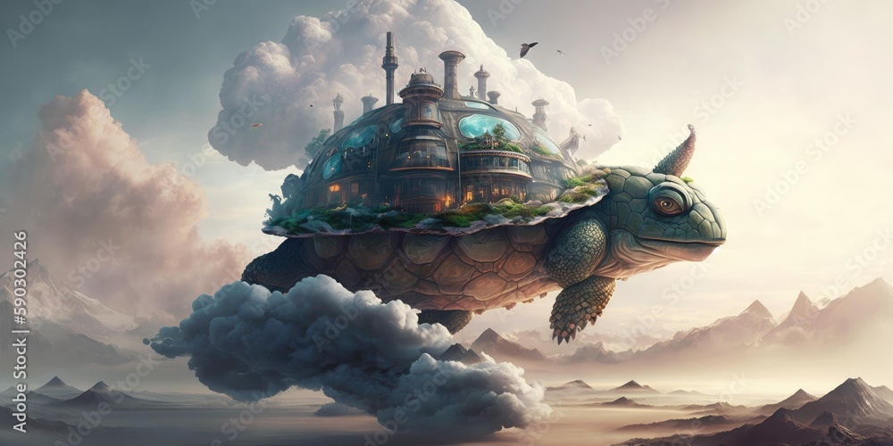 Beautiful conceptual fantasy image of turtle kingdom in the sky ...