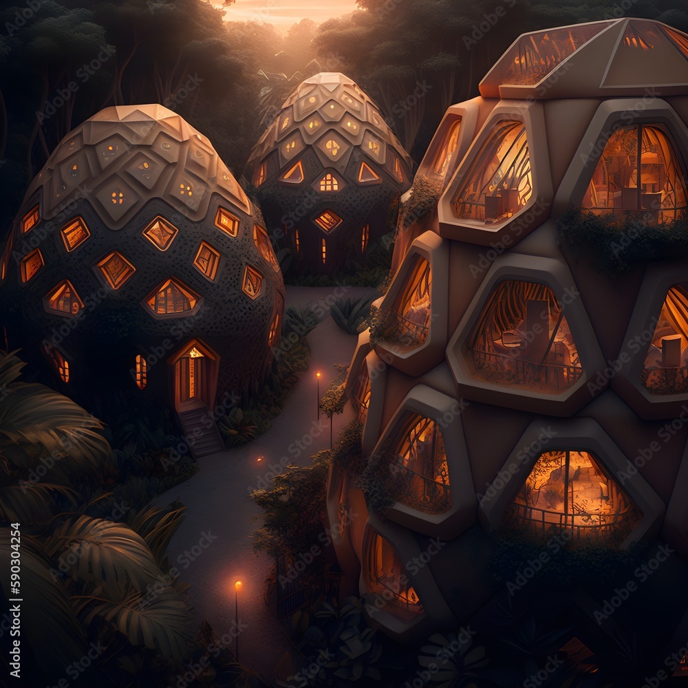 hyper realistic 8K A village of AI Spacefactory multilevel cone shaped ...