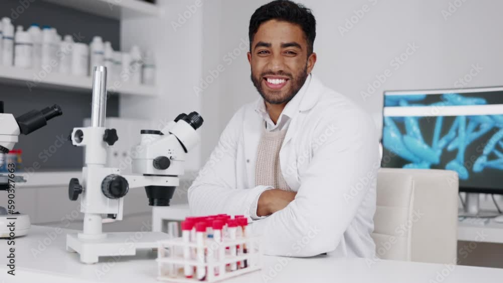 Scientist, man face and microscope blood sample in a laboratory for ...
