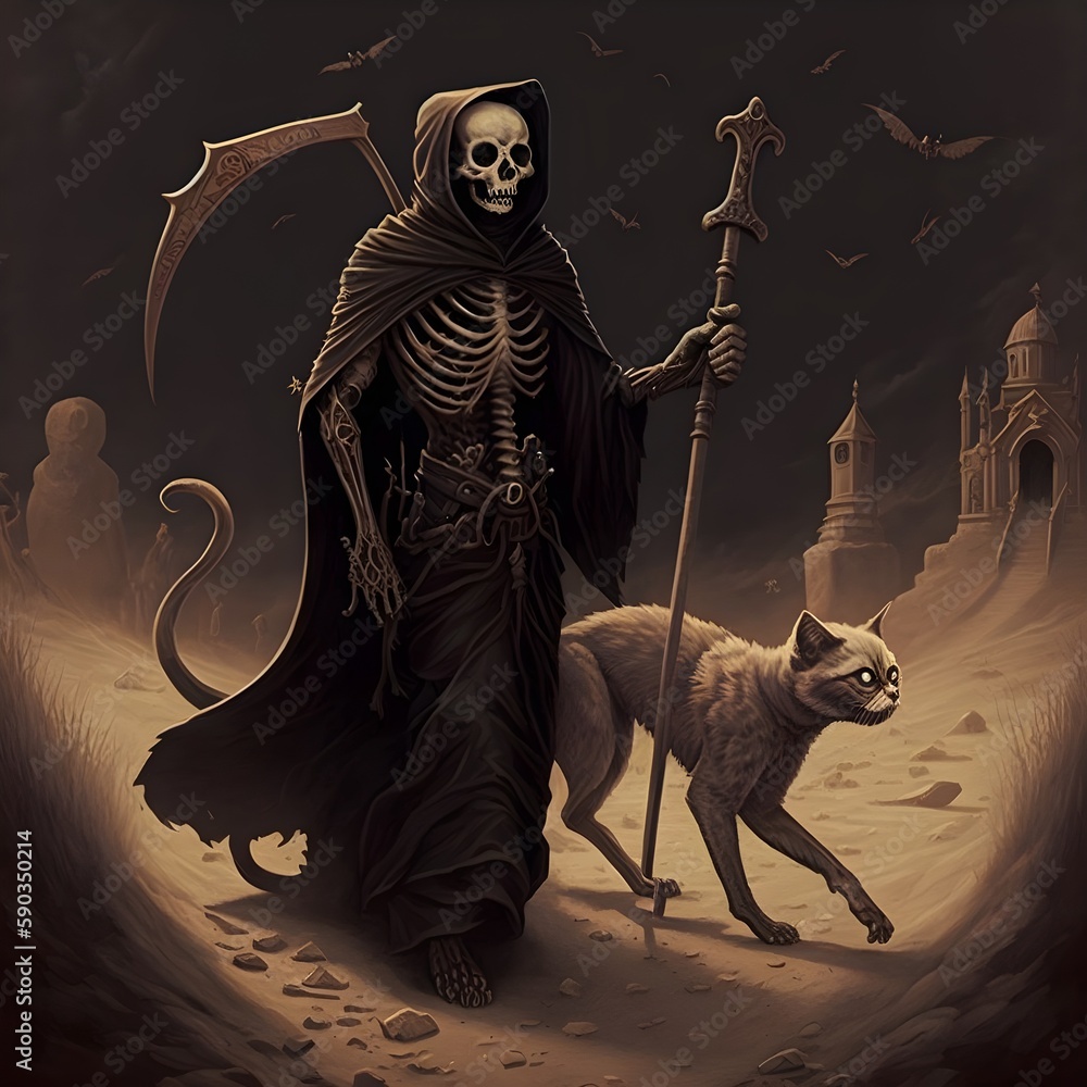 death as blackrobed skeleton who carries a scythe cats around him ...