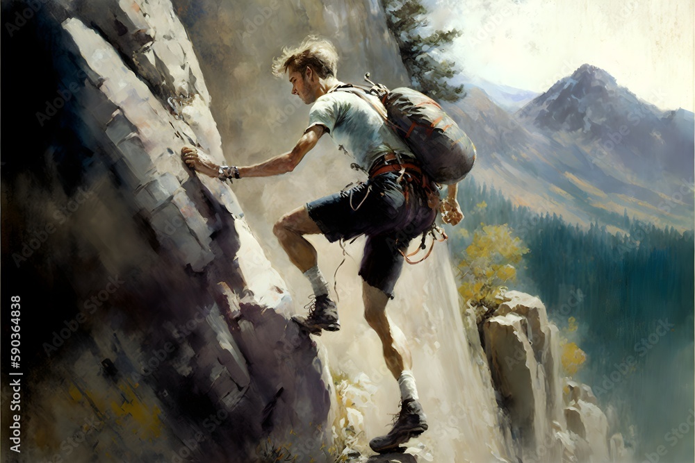 climbing up the very steep cliff side view Richard Schmid style Stock ...