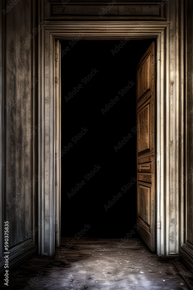 ภาพประกอบสต็อก An opened wooden door at the end of the hallway leading into darkness. Dramatic ...