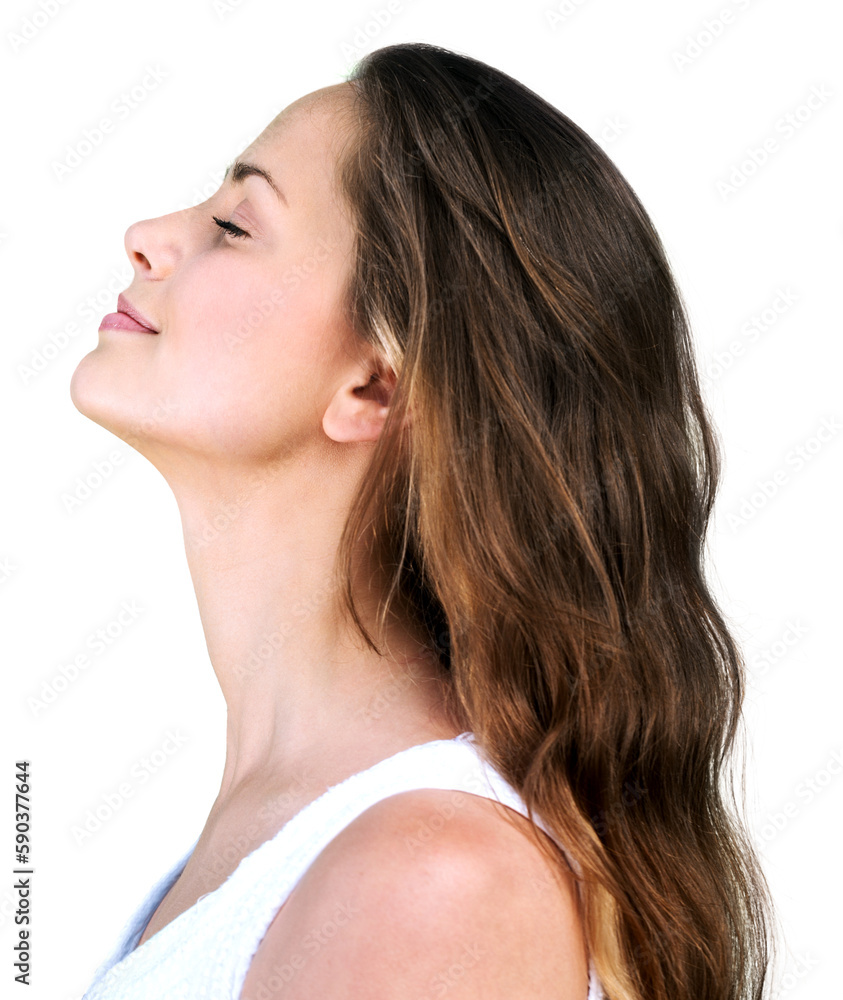 Pretty woman smiling, side view, isolated on white background Stock ...