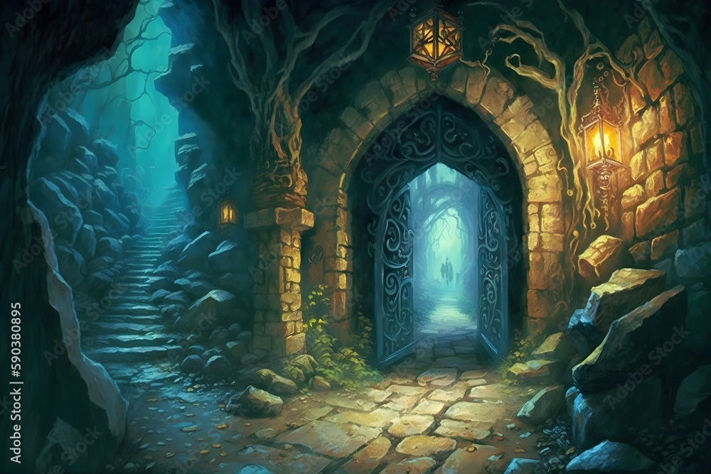 Old dungeon corridor with magic runes on the stone walls fantasy art ...
