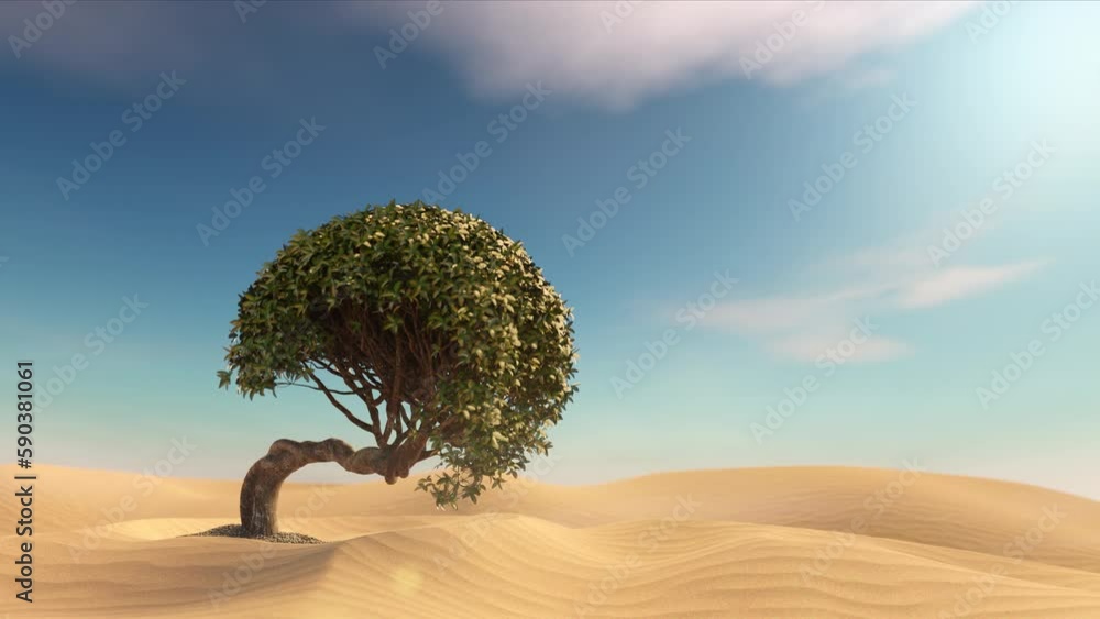 Camera moving to the big tree in the clean desert with sun and sky ...