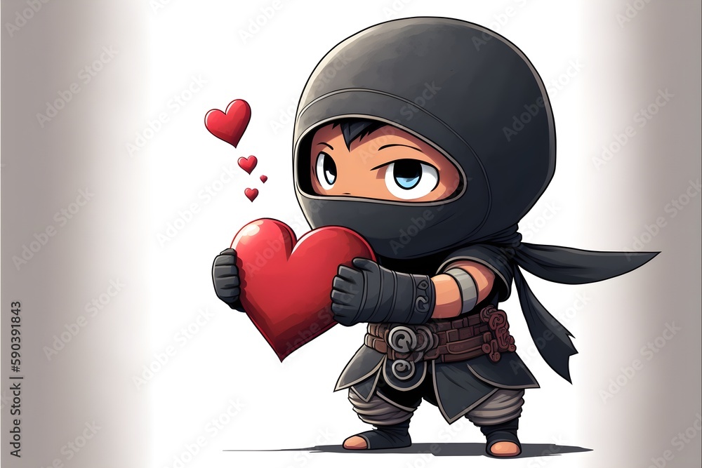 Ninja Boy holds a heart in his hand cartoon full body whitebackground ...