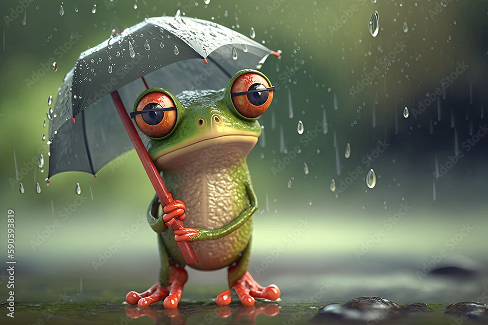 Cute Cartoon Frog Holding an Umbrella in the Rain (Generative AI) Stock ...