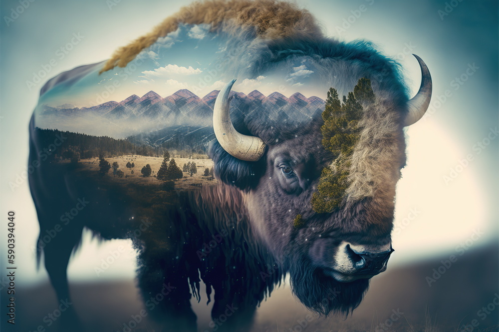American male bison grazing on grassland with double exposure ...
