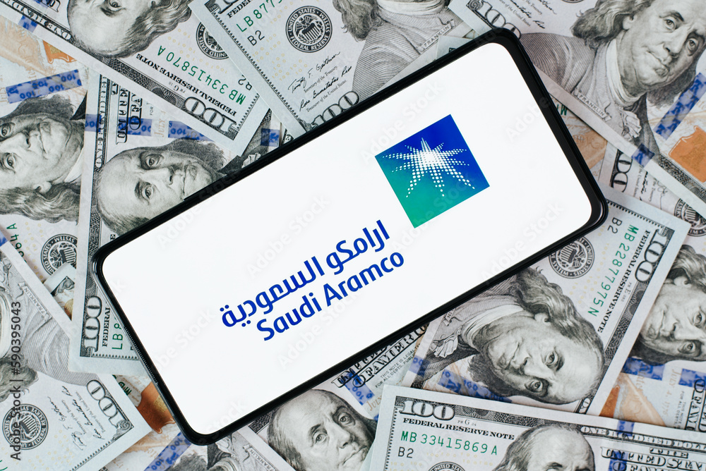 Saudi Aramco investment and trading. Saudi Aramco company logo on a ...