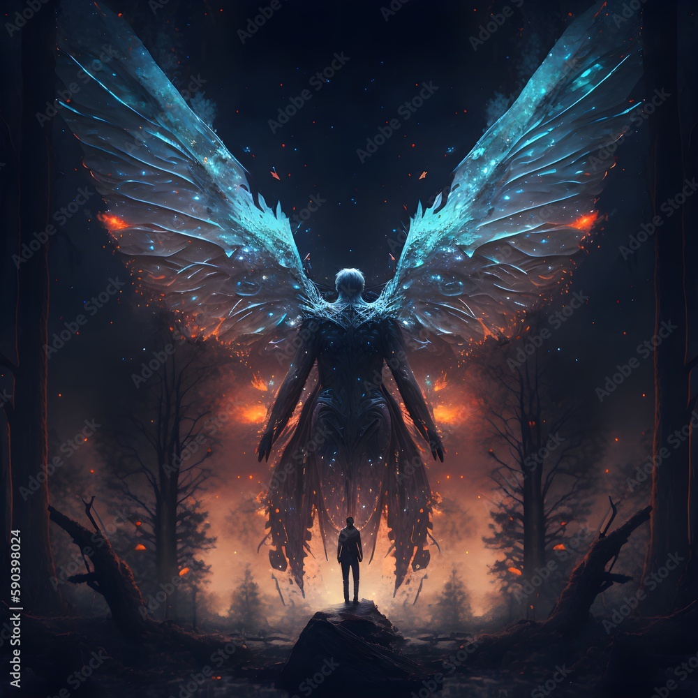 mystical human from the future with huge wings seamlessly merging with ...