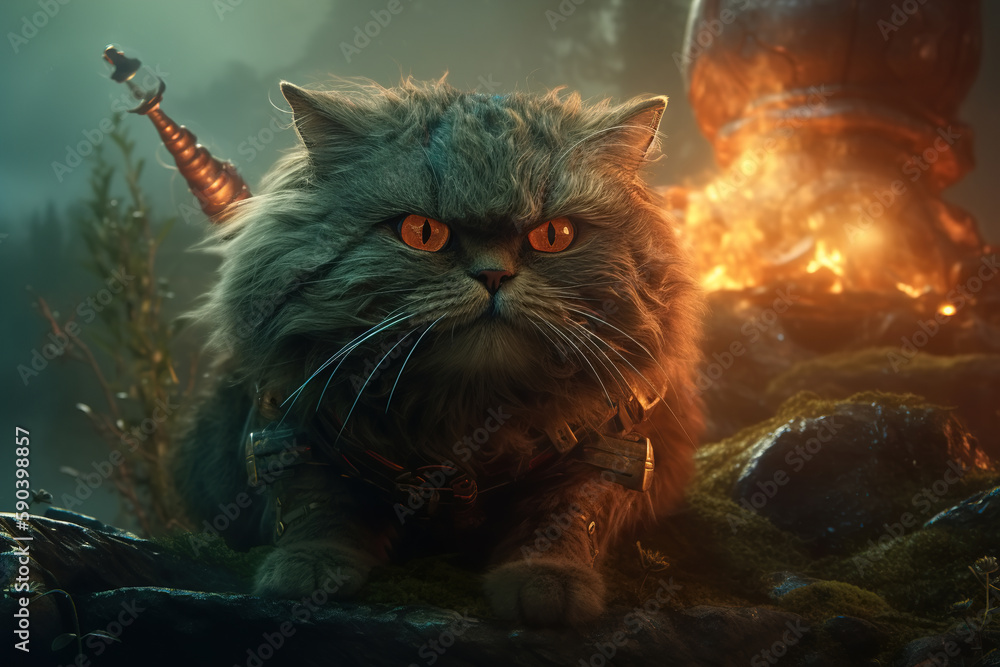 Angry furry gray cat warrior, fantasy animal illustration. Fighting pet ...