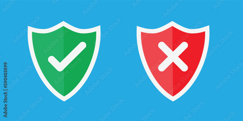 Correct, incorrect sign. Vector shield. Tick and cross icons. Green ...