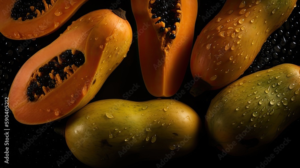 Papayas with visible water drops. Seamless food photography background ...