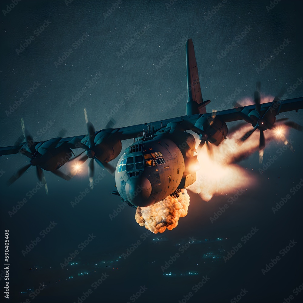 ac130 gunship firing down 35 mm photo realistic at night storyboardscolor graded high detail ...