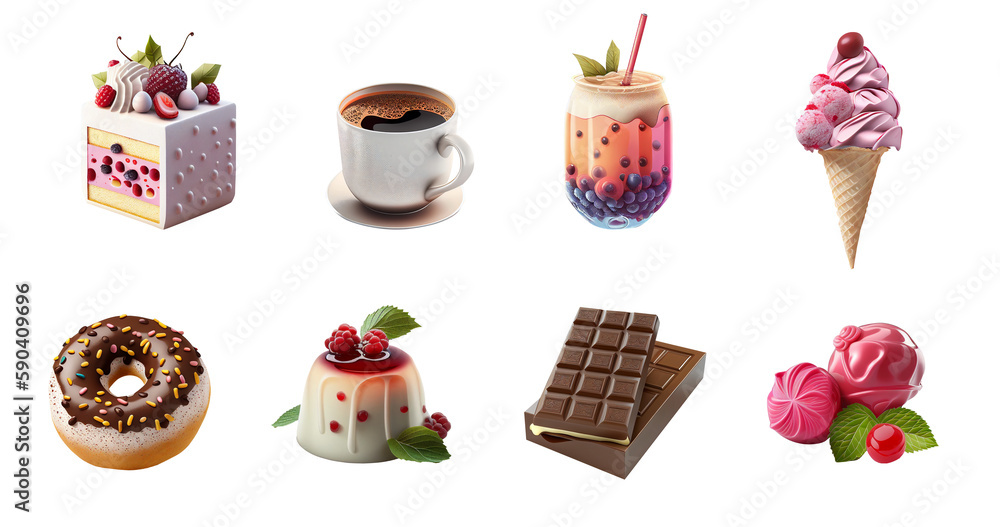 Set of 3D Sweet food, Cake, ice cream, panna cotta, bubble tea, donut ...