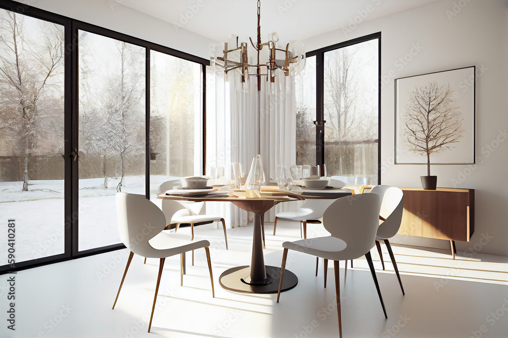 Bright and airy dining room with a focus on natural light and clean ...