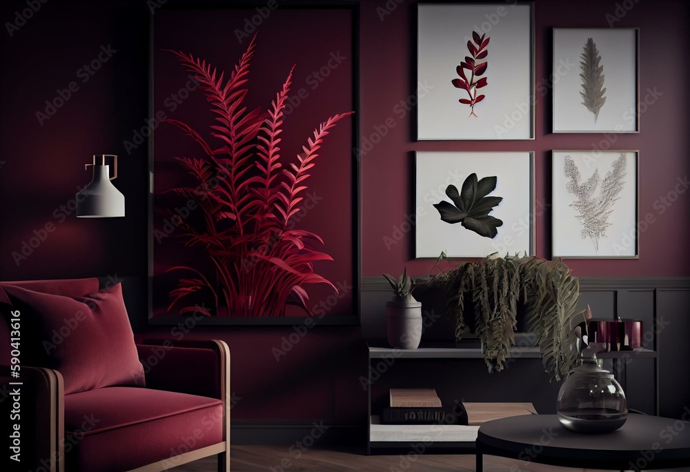 Interior room in plain monochrome dark red, maroon color, 4 frames on ...