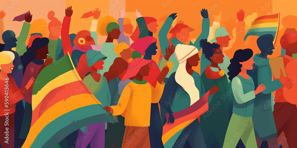 Pride parade: An illustration of a parade with people waving rainbow ...