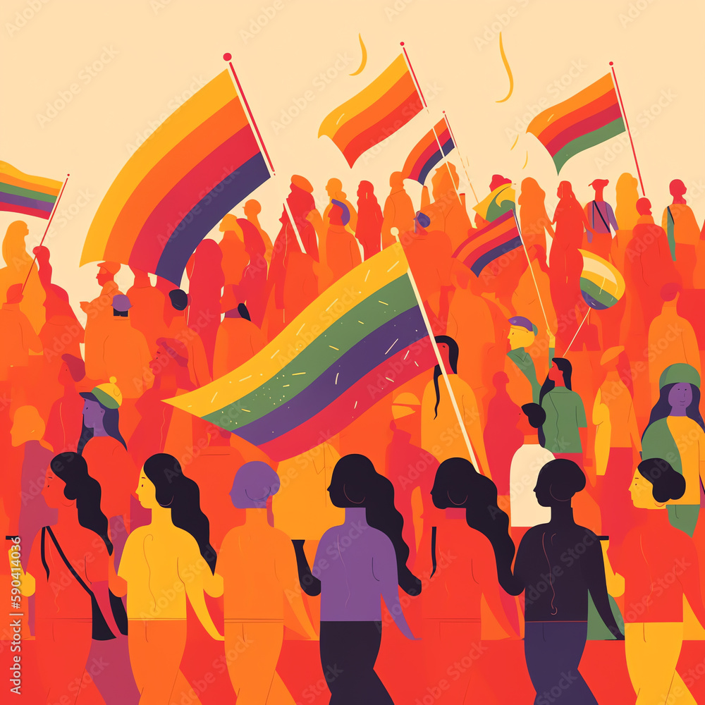 Pride parade: An illustration of a parade with people waving rainbow ...