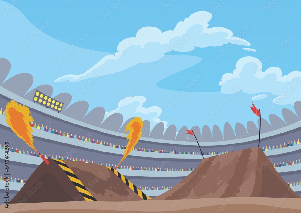 Background for jumping monster truck show. Burning springboards for car ...