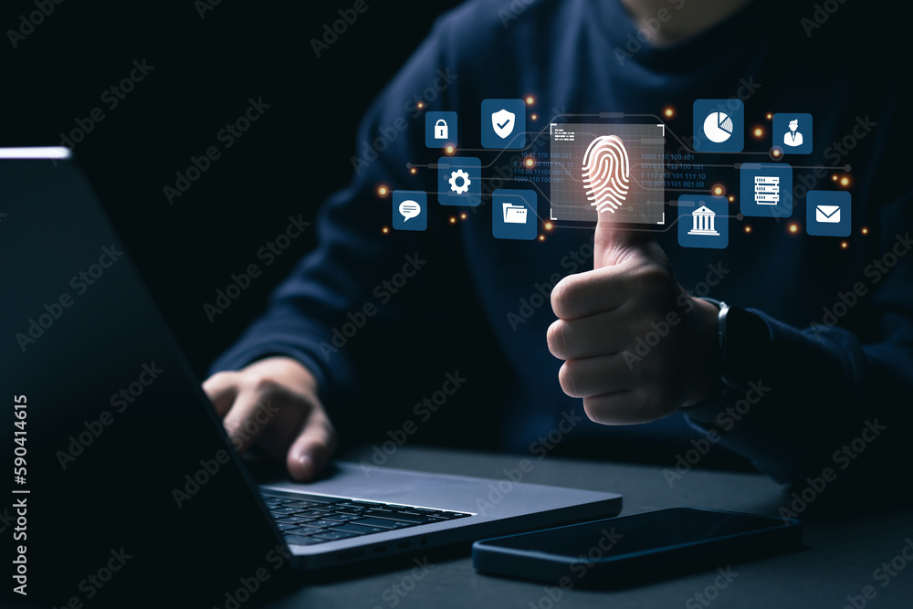 Security system and prevent hacker concept. Thumbs up with virtual ...