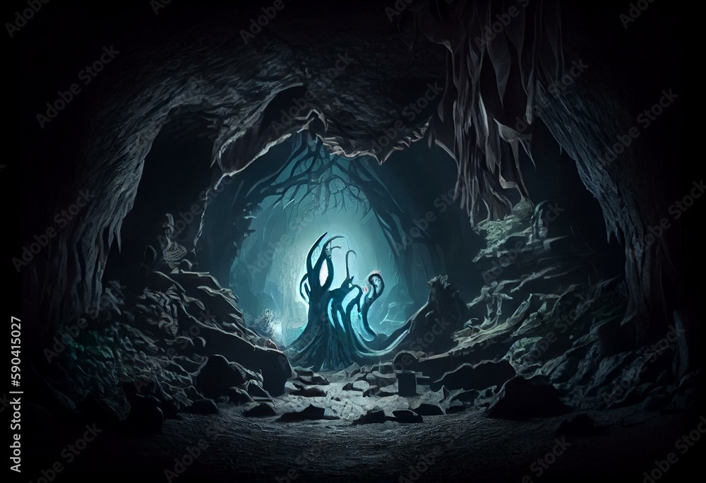 Freaky Dark and creepy cave with tentacle monsters, concept artwork ...