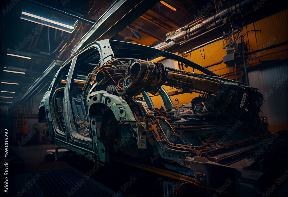 Car frame on slide conveyor on the Automobile Plant with Spot Welding ...