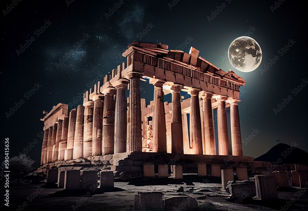 Ancient Greek ruins in full moon, Athens at night, Greece. Fantasy view ...
