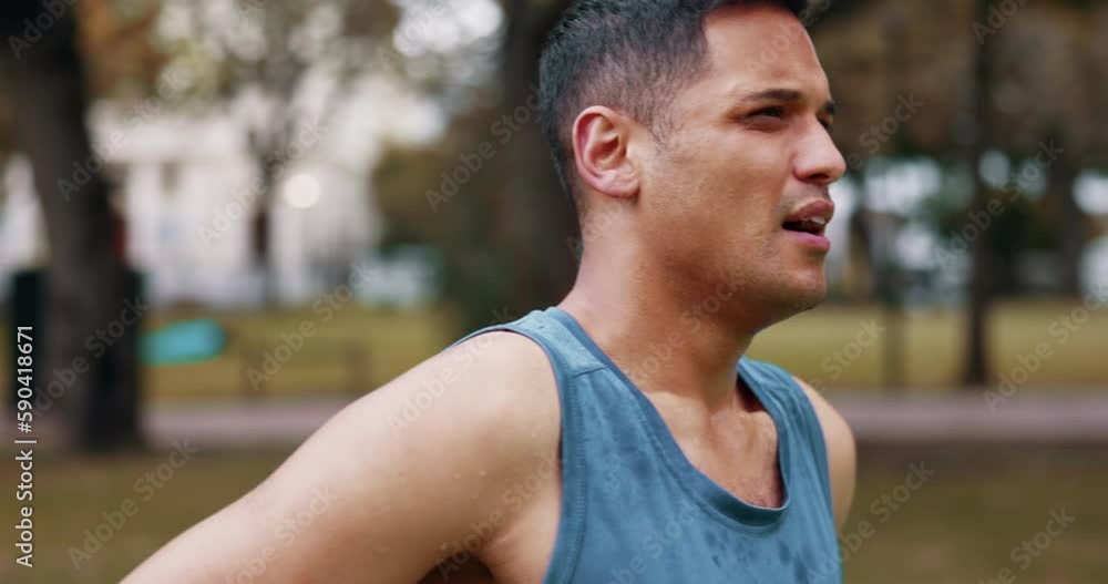 Park workout, health and man tired after cardio exercise running ...