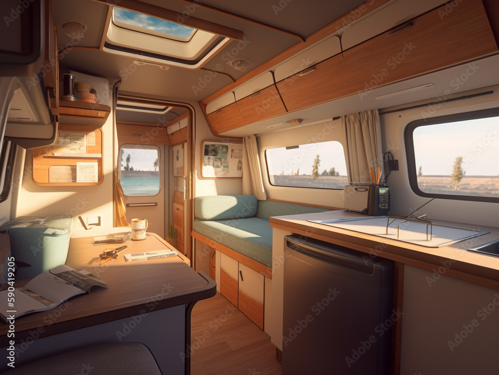 Interior illustration of a camper van. Basic furniture and basic needs ...