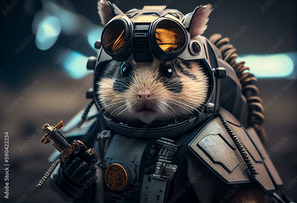 Realistic lifelike hamster in high end cyberpunk cyber high tech ...