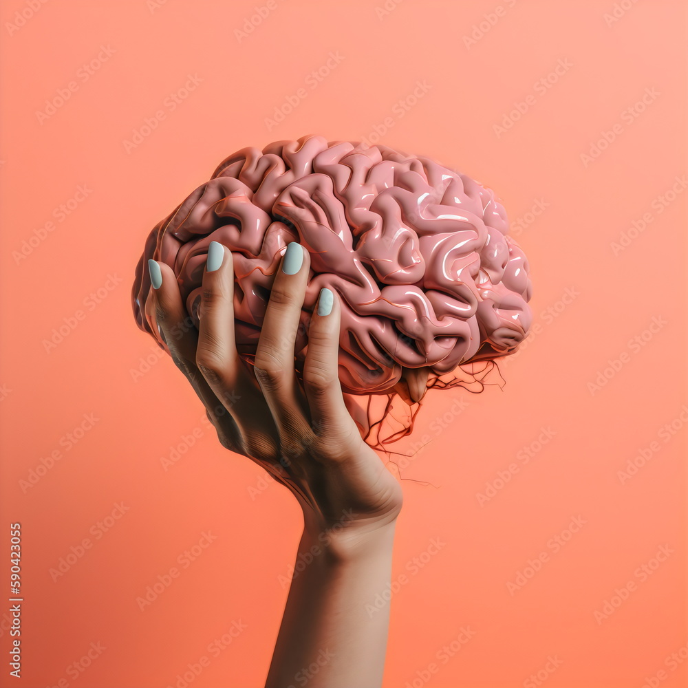 hand holding 3D brain with nerves isolated on plain peach studio ...