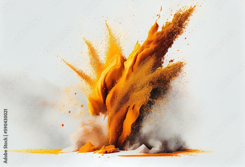 Orange dust is thrown over a white background by the explosion of ...