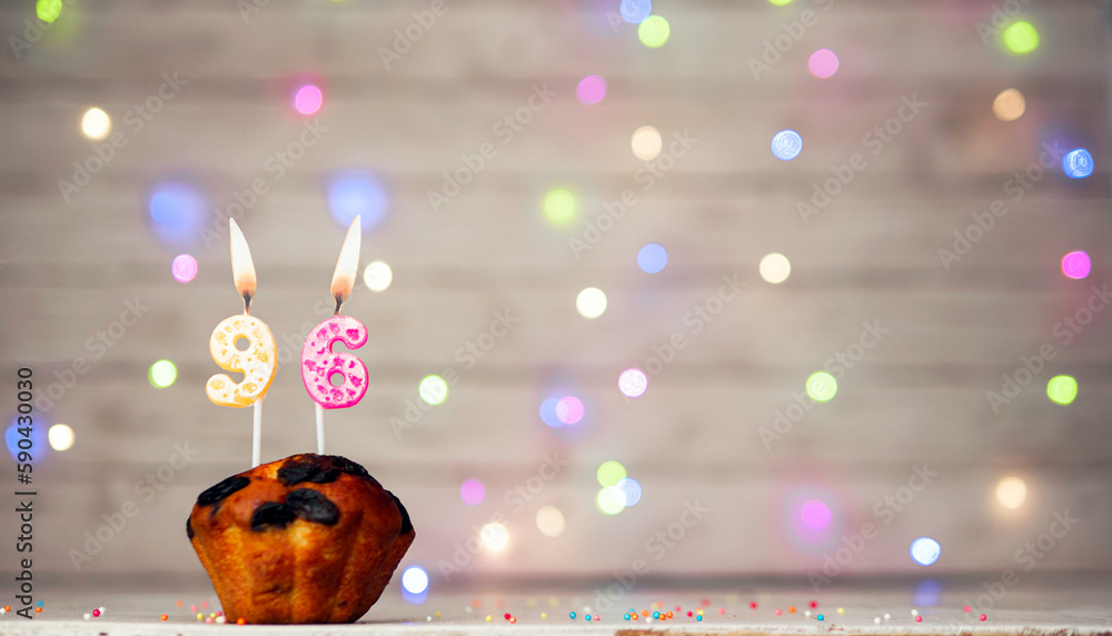 Happy birthday background with muffin and number of candles on light ...