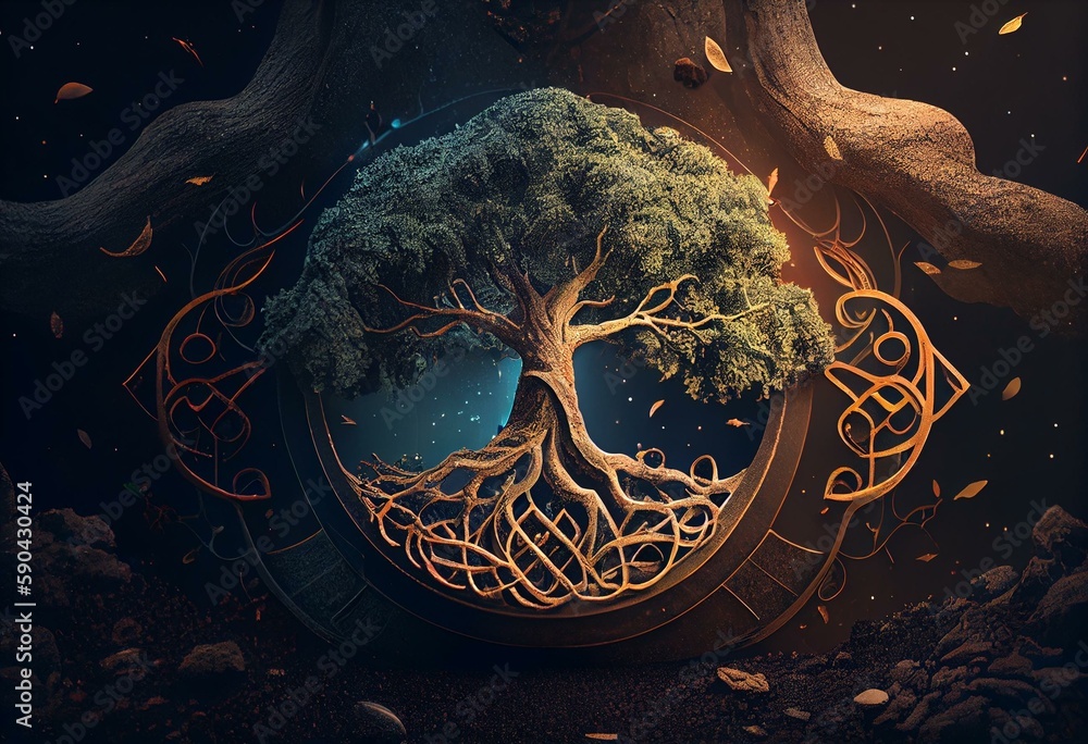 tree of life symbol on structured and space background, yggdrasil ...