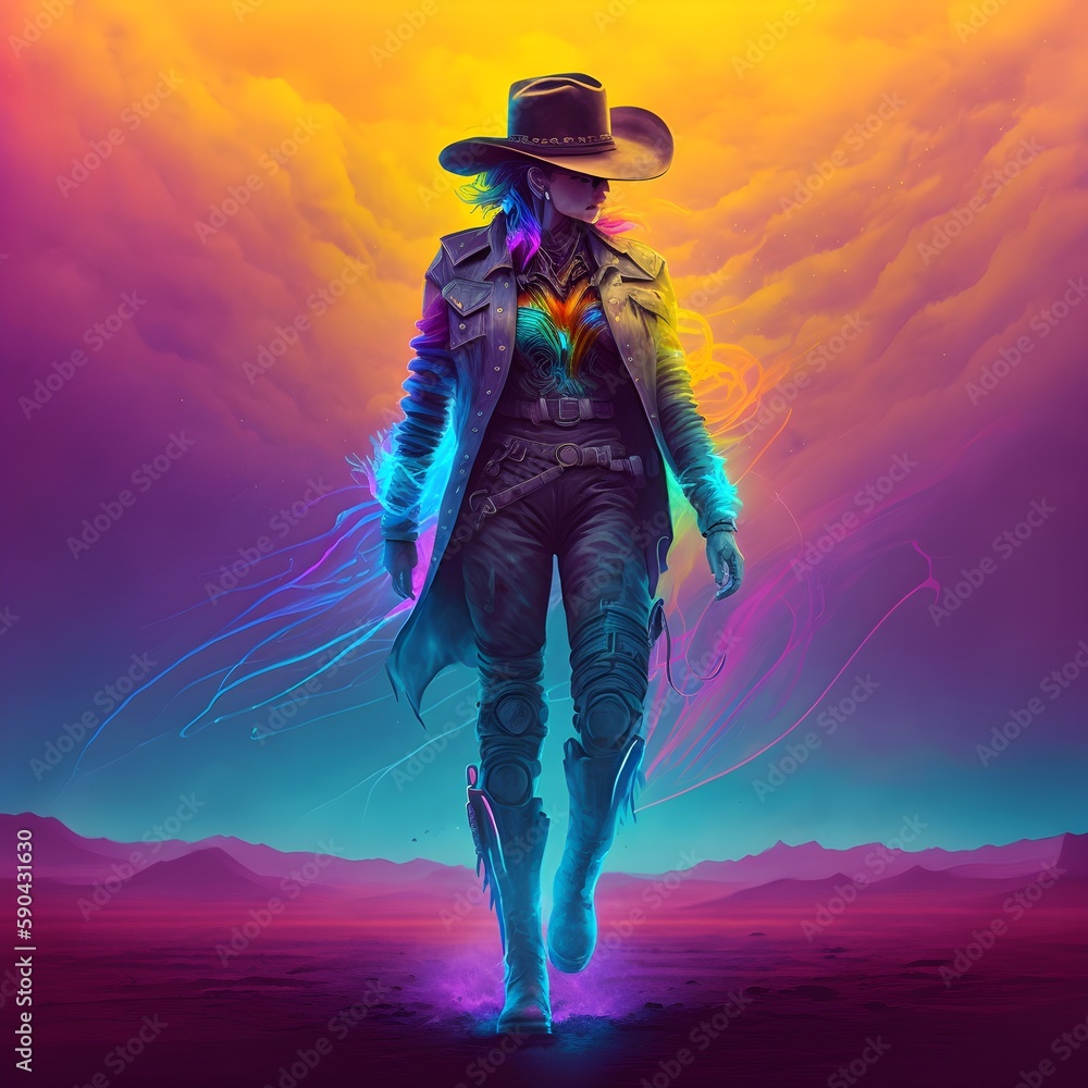 rainbow synthwave style full body standing cowgirl illustration ...