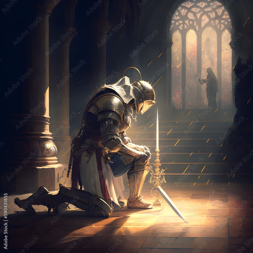 female knight wearing white and gold plate armour full body at prayer ...