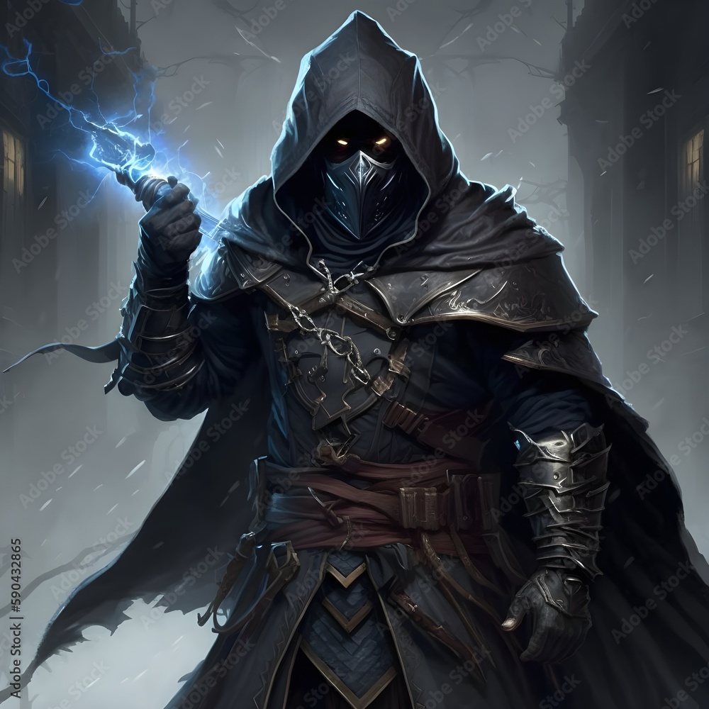 DD character male rogue in Victorian medium black hooded leather armor ...