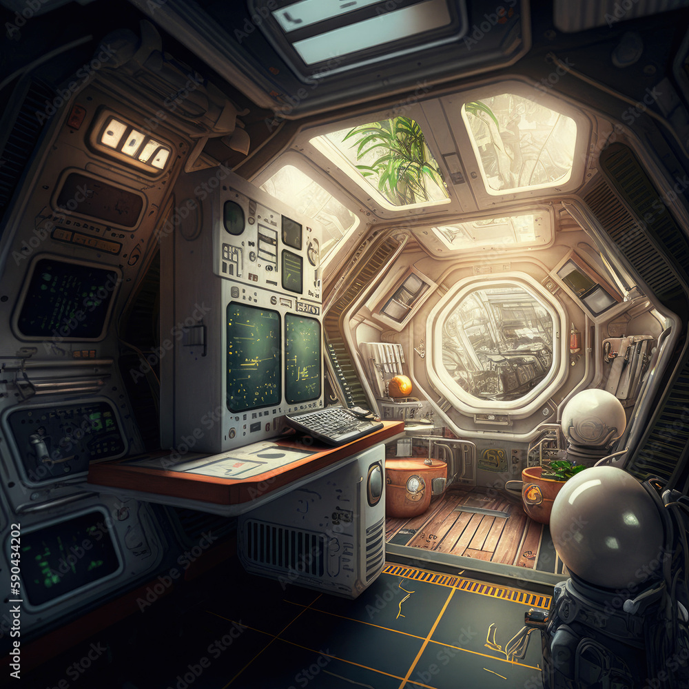 Futuristic spaceship cockpit interior. Future spacecraft control panels technology, space travel ...