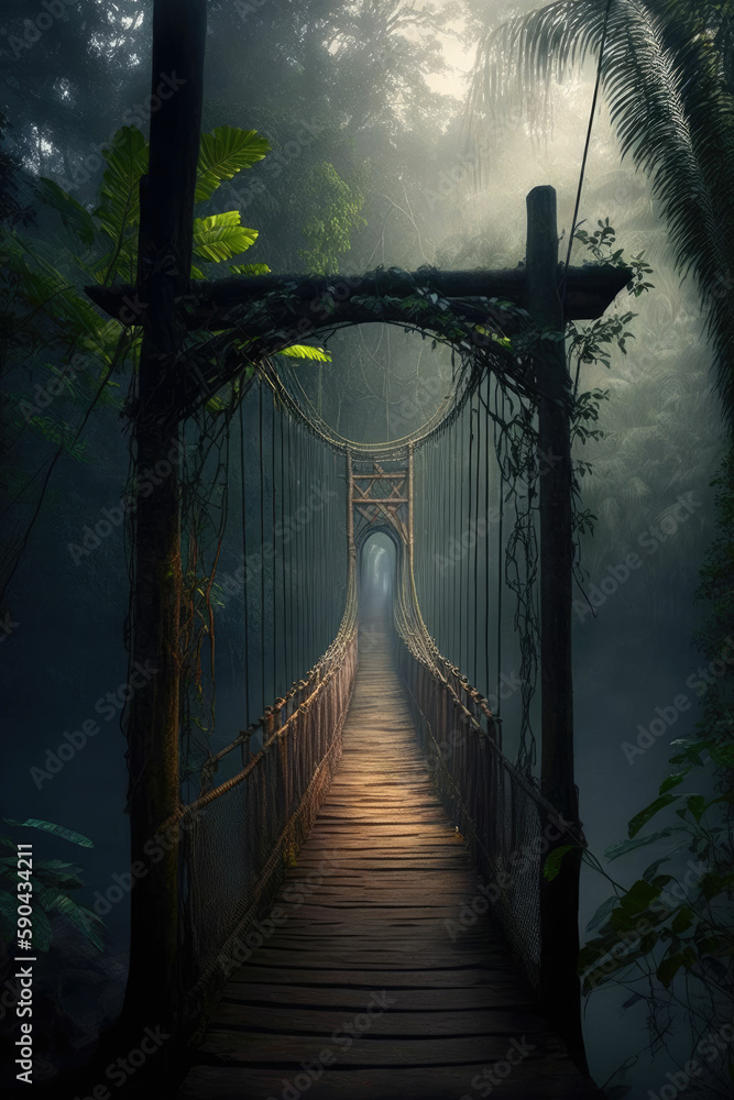 Rope bridge in tropical rainforest with dense plants and vines ,made ...