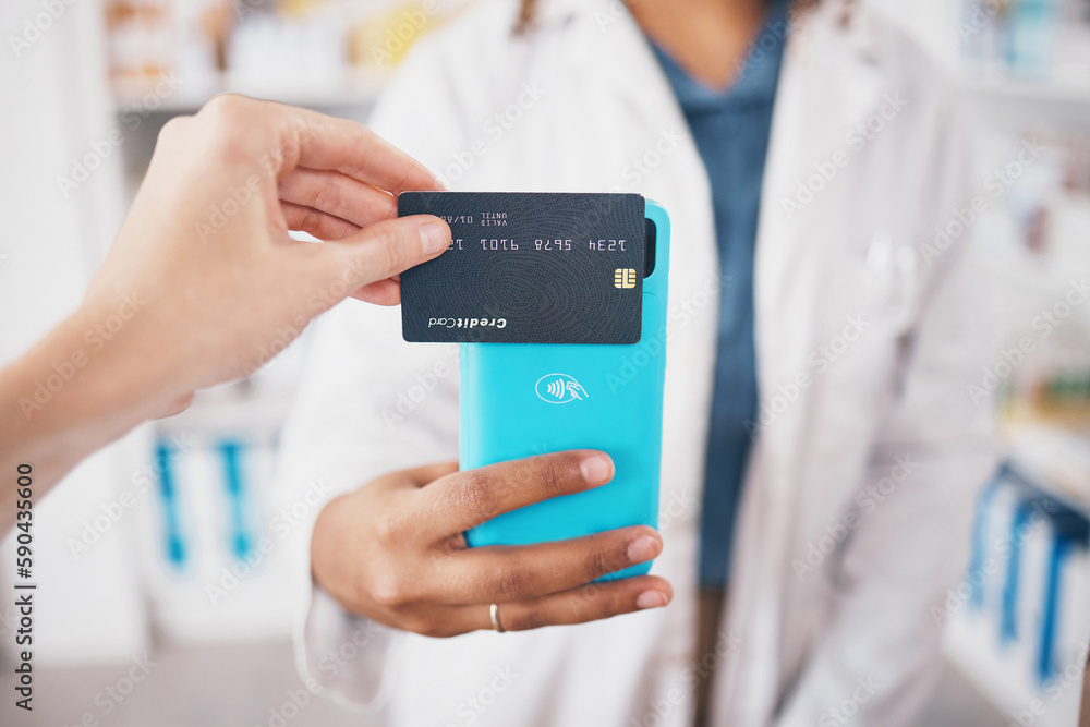 Hands, pharmacy and credit card shopping with phone, payment and ...