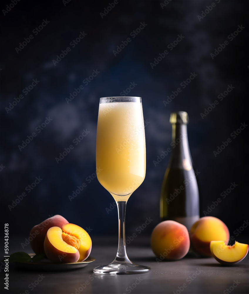 Bellini Cocktail of prosecco and white peach puree. Bubbly beverage on ...